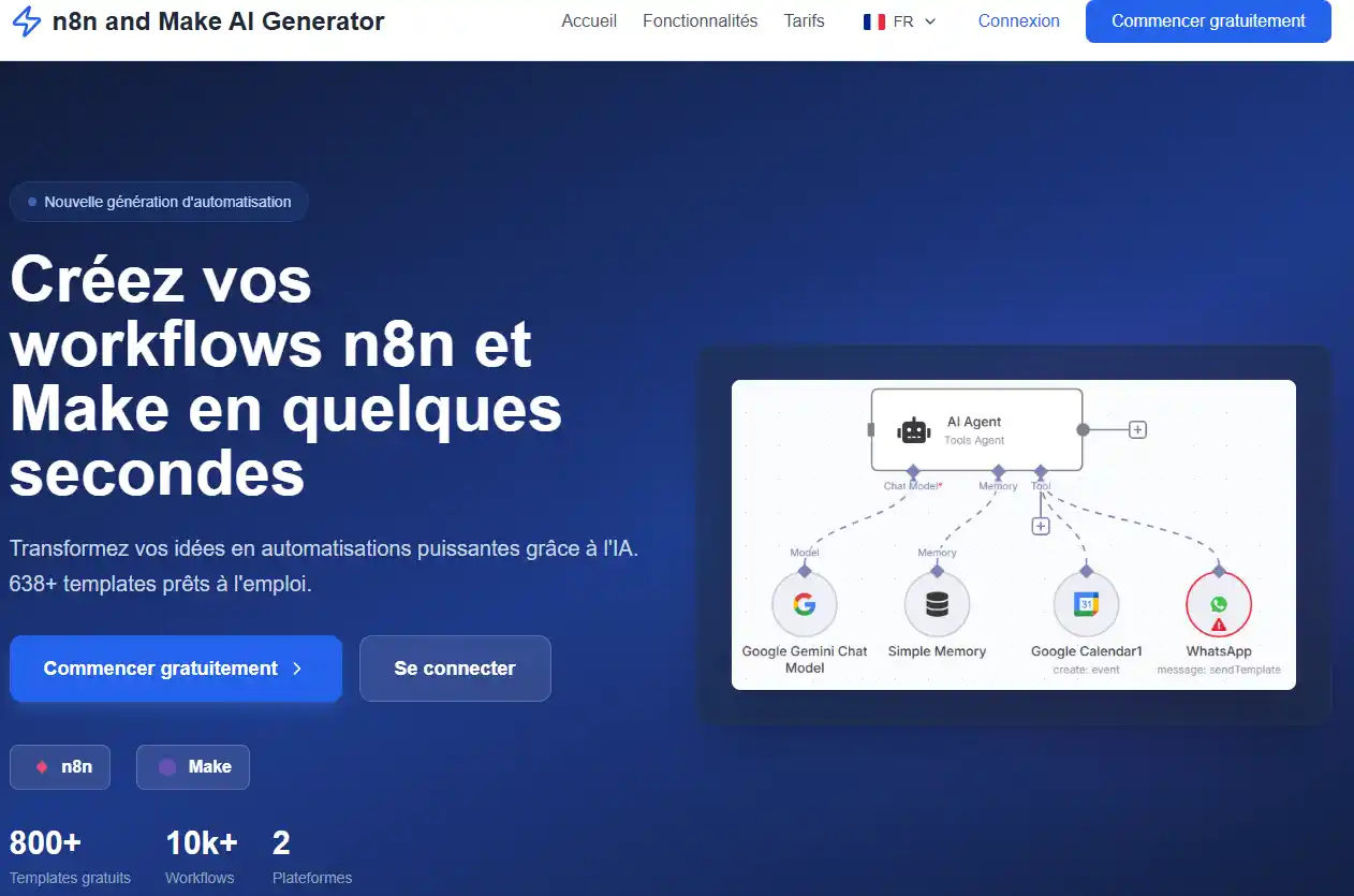 Générateur de workflow n8n & Make - Créez vos workflows d'automatisation en IA